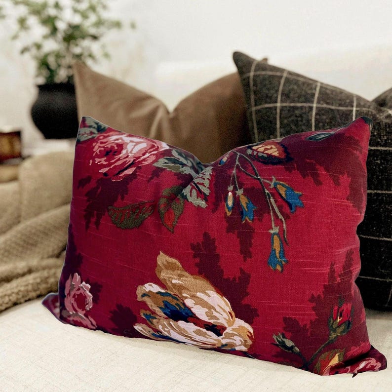 Crimson Red Floral Pattern Lumbar Pillow Maximalist Throw Pillow Cover ...