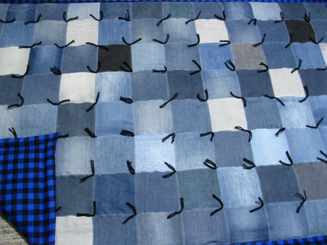 New Handmade Tied Oversized Denim Jean Throw Lap Blue Black Plaid ...