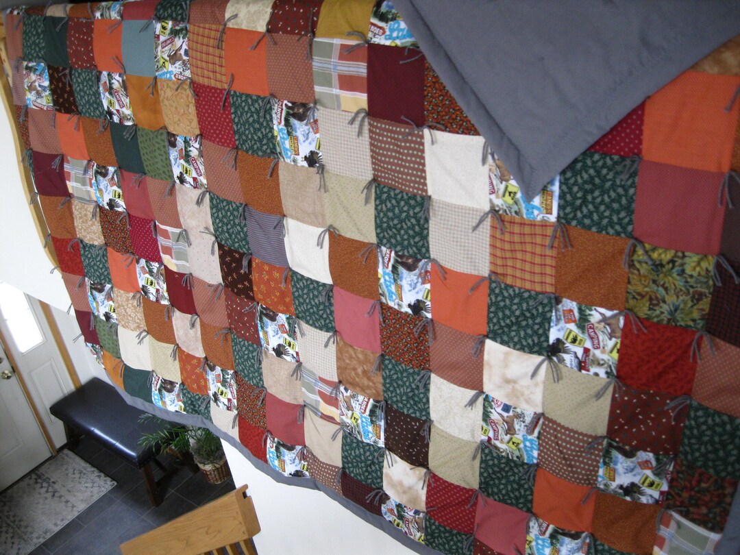 New Handmade Tied XL Queen Patchwork Earthtone Eagle Bear Deer Raccoon ...
