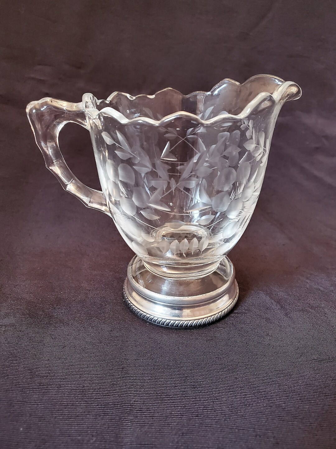Vintage Crystal Wheel Cut Floral Design Creamer With Sterling Silver ...