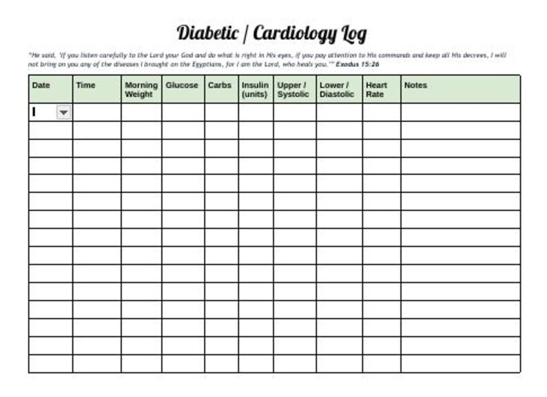 Printable Diabetic Cardiology Tracker Including Weight Glucose Carbs ...