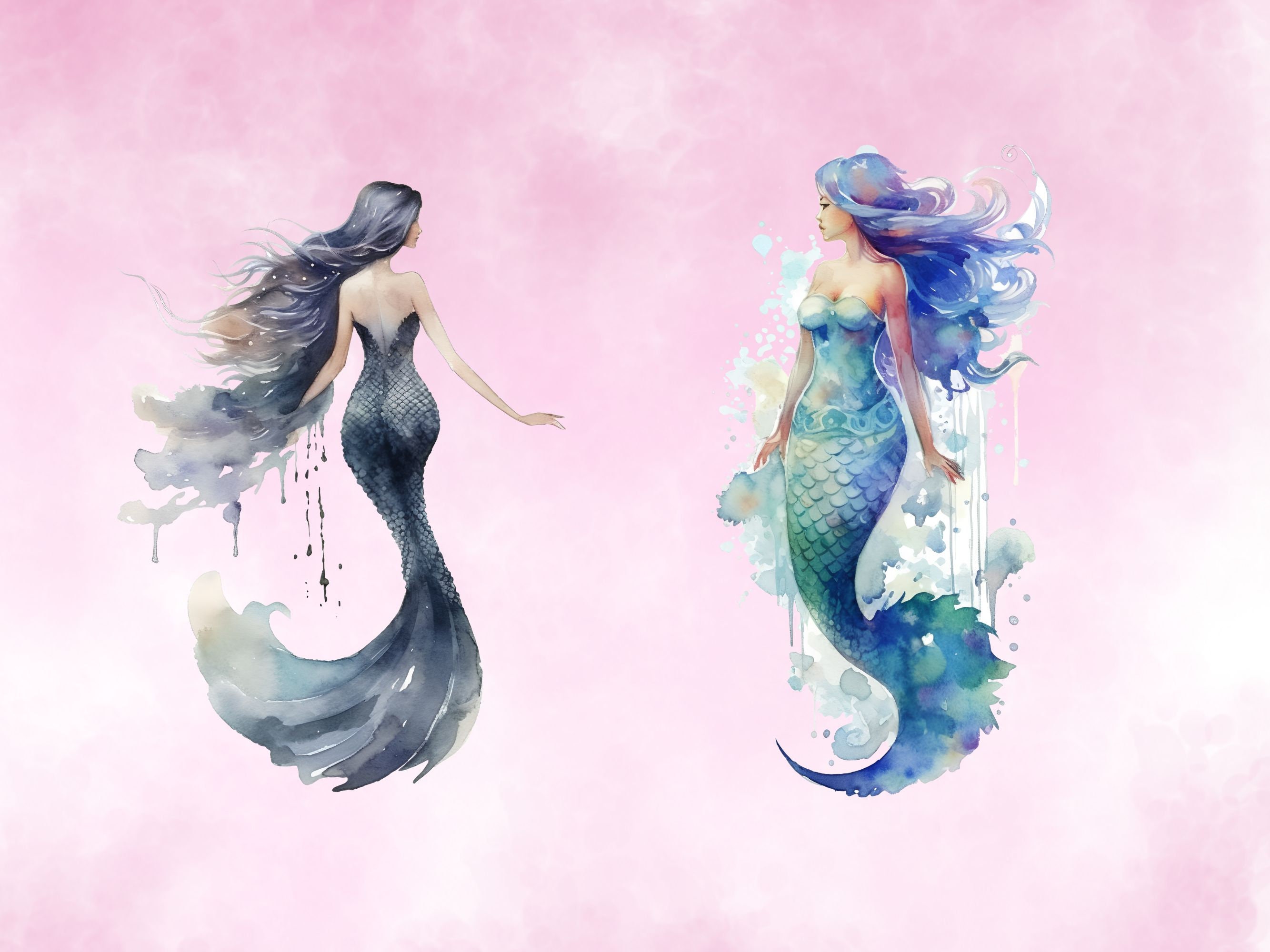 23 Watercolor Mermaid Clipart, PNG Mermaid Characters, Multicultural ...