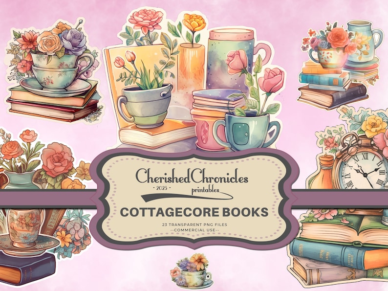 Watercolor Cottagecore Book Clipart: Shabby Chic Illustrations (PNG ...