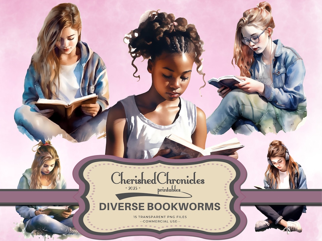 15 PNG Diverse Bookworm Girls Clipart, Inclusive Readers, Book Clipart ...