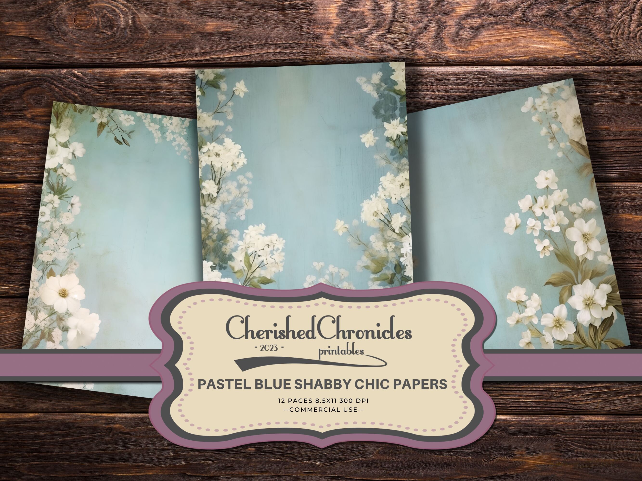 12 Pale Blue Pastel Shabby Chic Floral Journal Papers, 8.5x11 Junk ...