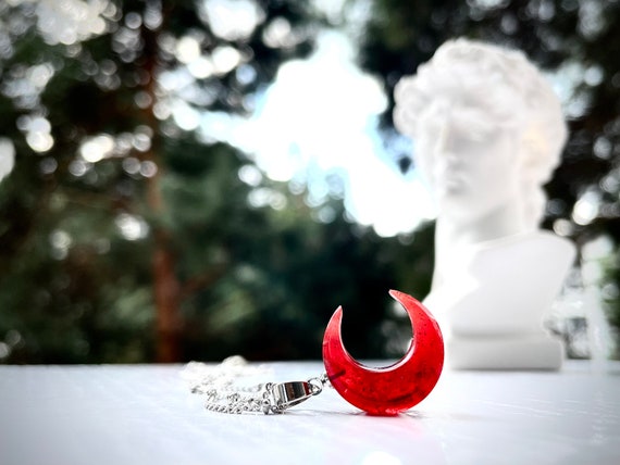 Glowing Moon Necklace Red Resin Moon Pendant Cute Necklace - Etsy