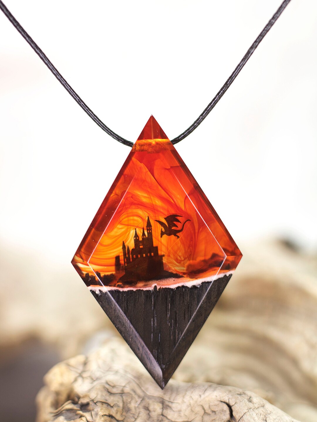 Dragon and the Castle Necklace, Dnd Necklace, Wood Resin Geometric ...