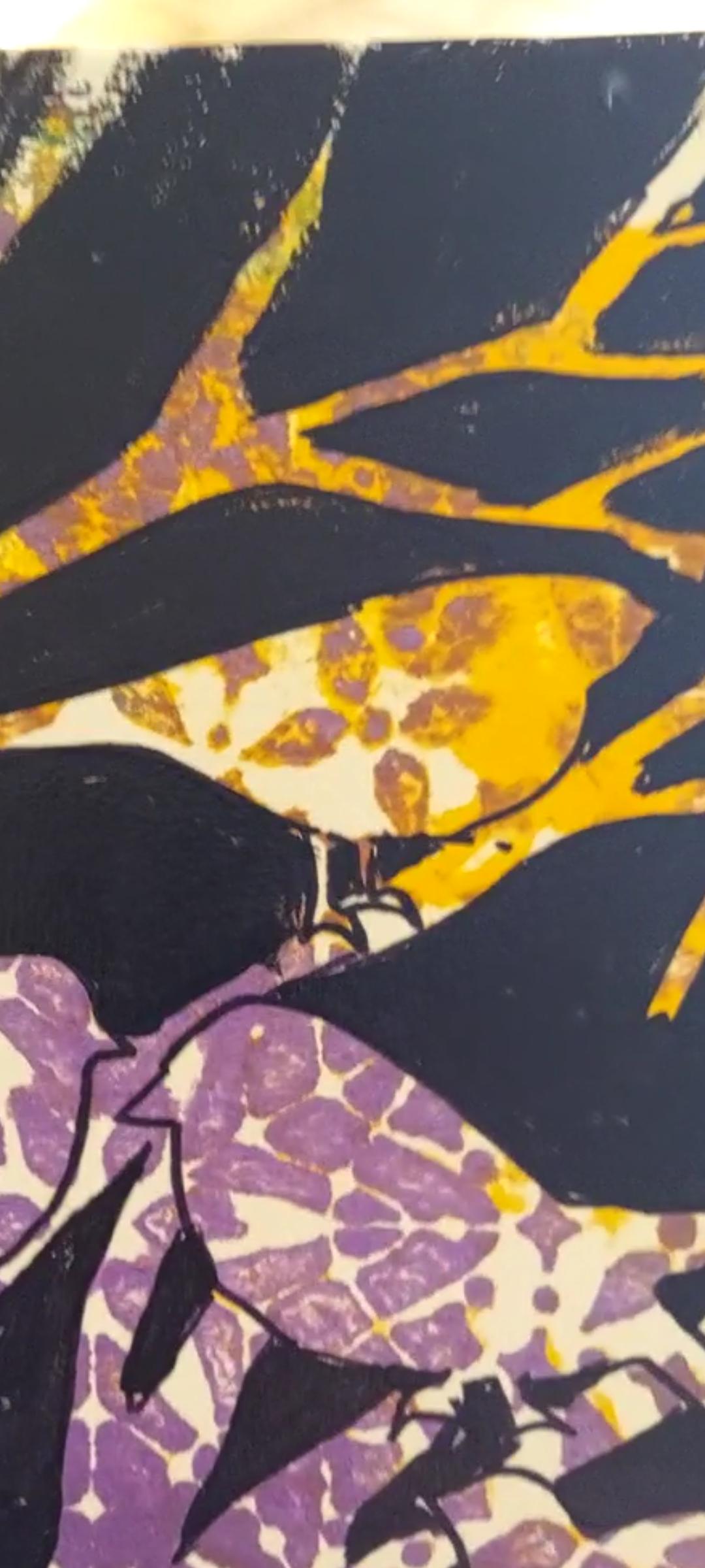Original Bird Art/gelling Print Art/abstract Bird Painting/yellow and ...