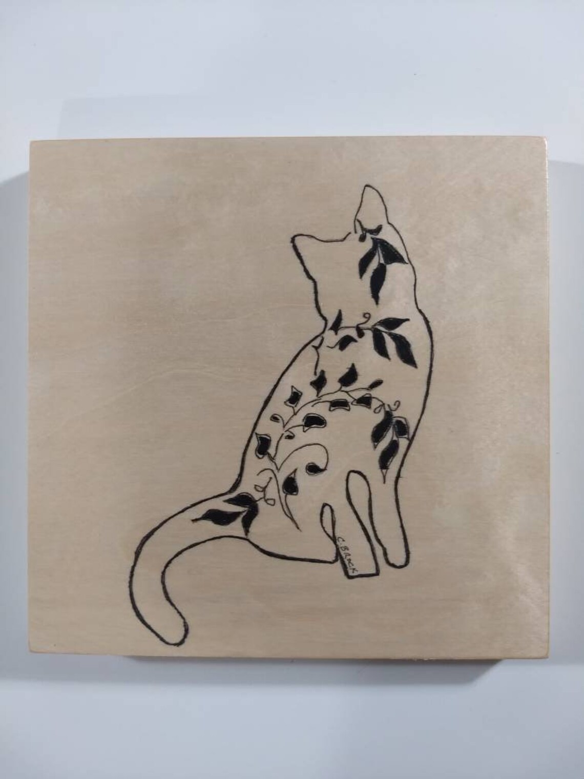 Decorative Black Cat Folk Art Drawing on Wood Canvas. Purrrfect for Any ...