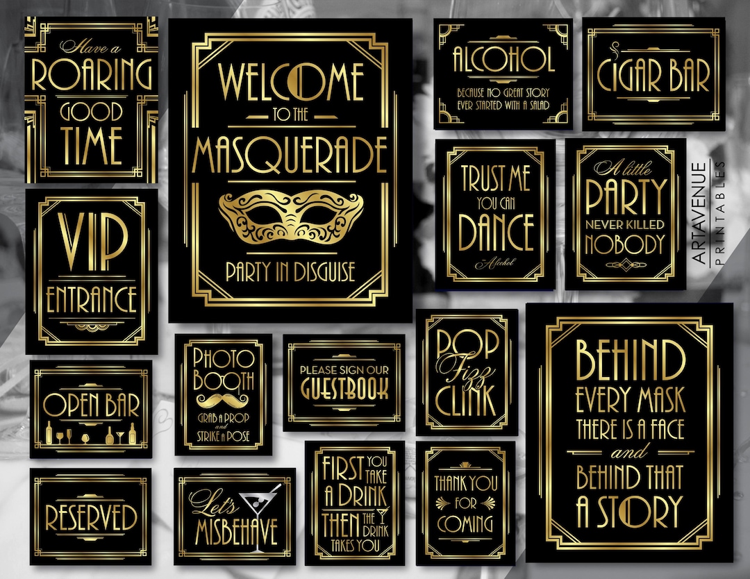 Masquerade Party Sign Bundle,, Art Deco Masquerade Party Decorations ...