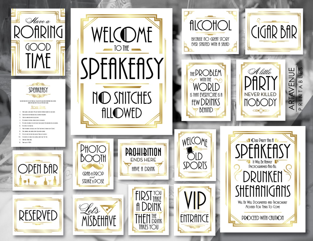 Great Gatsby Speakeasy Party Signs, Art Deco Party Sign Bundle, 1920s ...