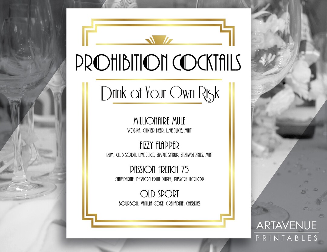 Art Deco Bar Menu, Custom PROHIBITION COCKTAILS Sign Printable, 1920's ...