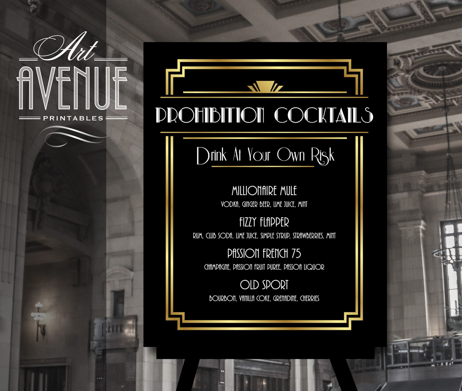 Prohibition Cocktails Menu Template | Gold Gatsby Wedding Bar Menu ...