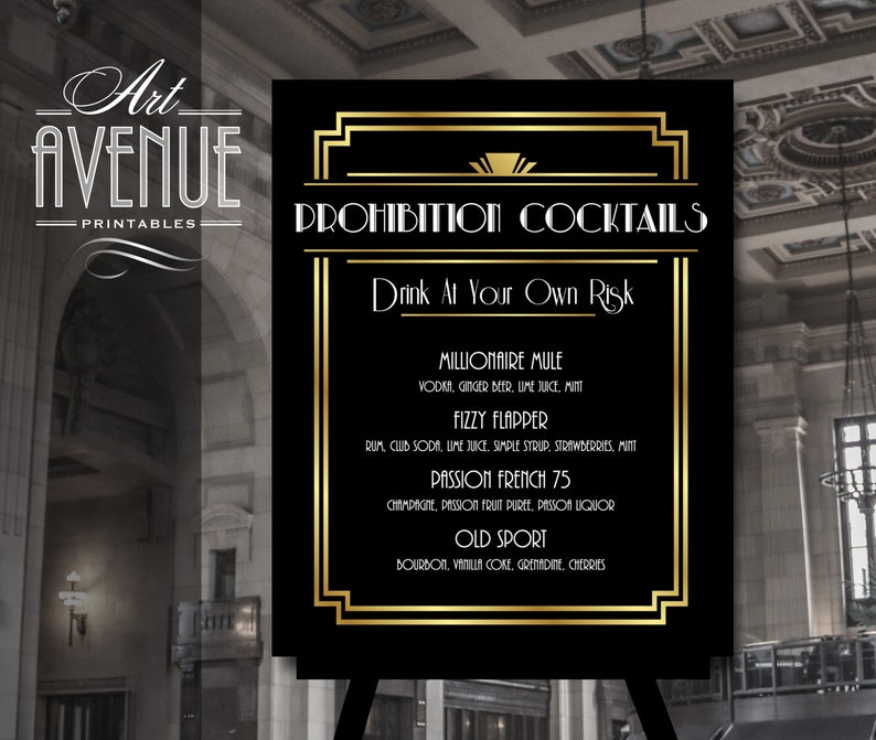 Prohibition Cocktails Menu Template Gold Gatsby Wedding Bar - Etsy Canada