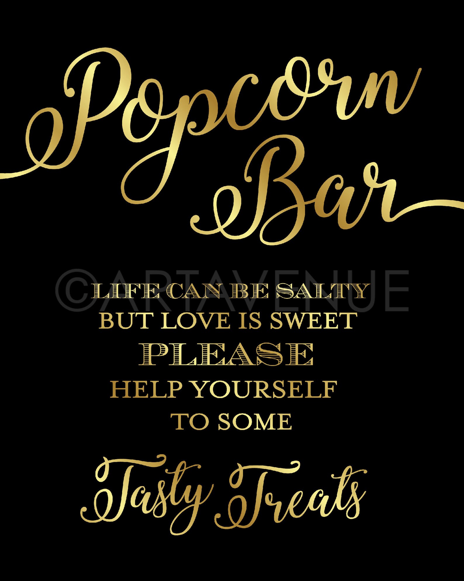 Chic Black and Gold Party Signs | Popcorn Bar Life Can Be Salty Sign ...