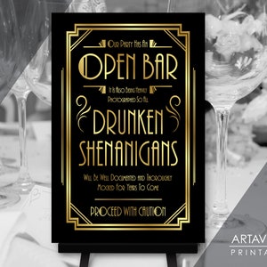 Roaring 20's Party Decor | 24 X 36 Open Bar Shenanigans Sign Download ...