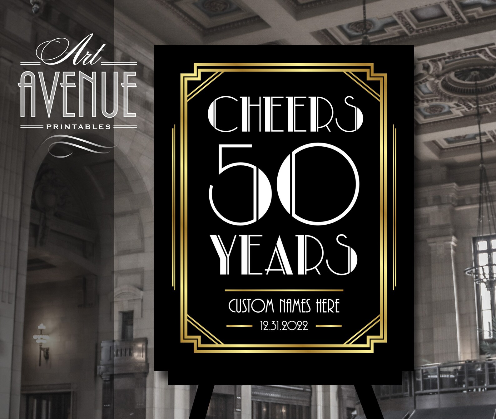 Cheers to 50 Years Editable Sign Template | Gold Gatsby 50th Party Sign ...