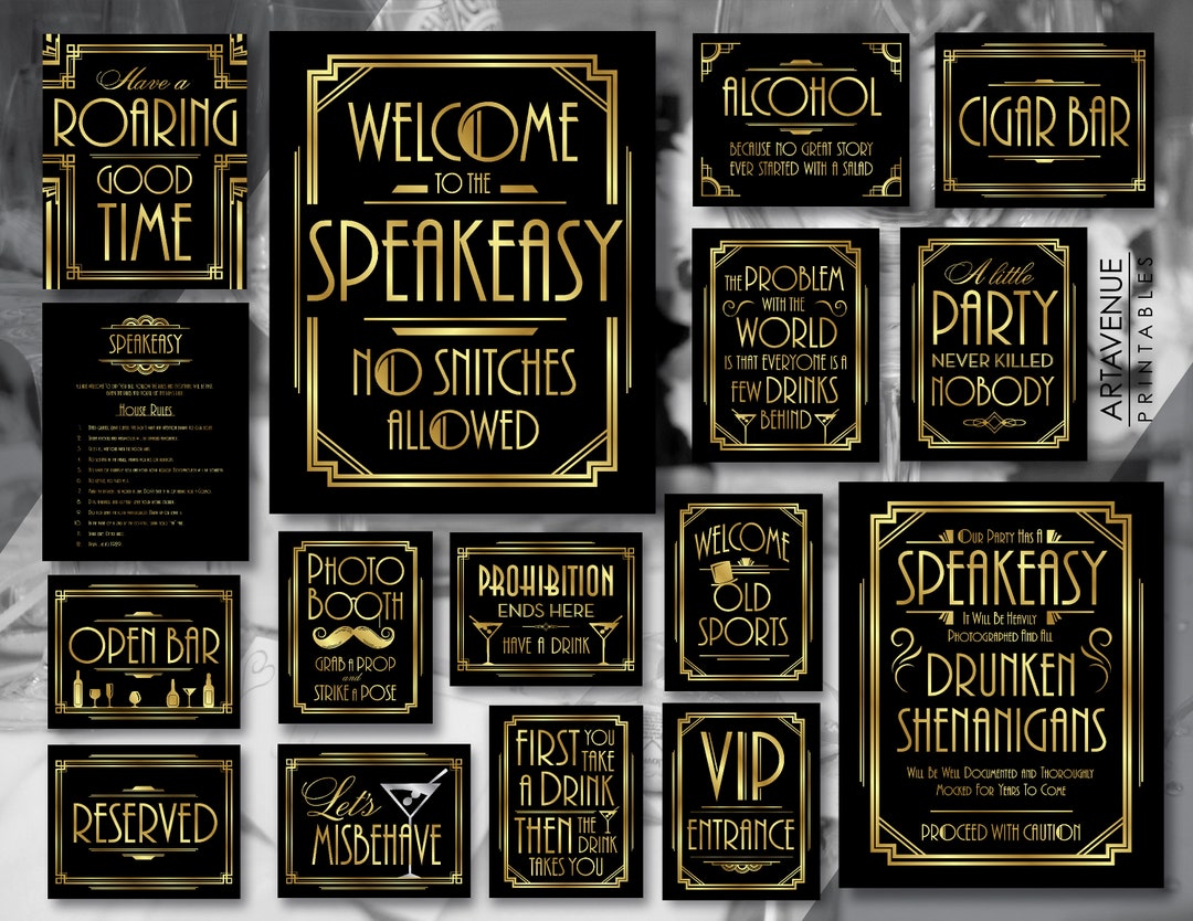 Great Gatsby Speakeasy Party Signs, Digital Art Deco Party Sign Bundle ...