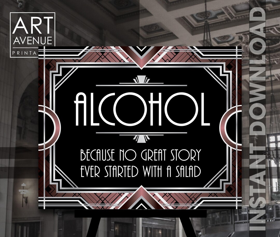 Alcohol Bar Sign Sign Printable, Silver Red Art Deco Party Decorations ...