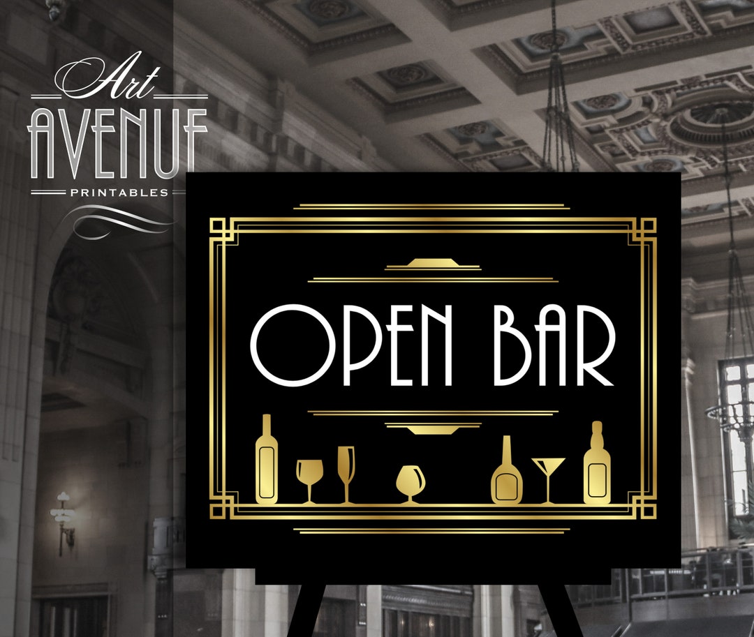 Editable Open Bar Sign Template | Gold Gatsby Wedding Party Open Bar ...