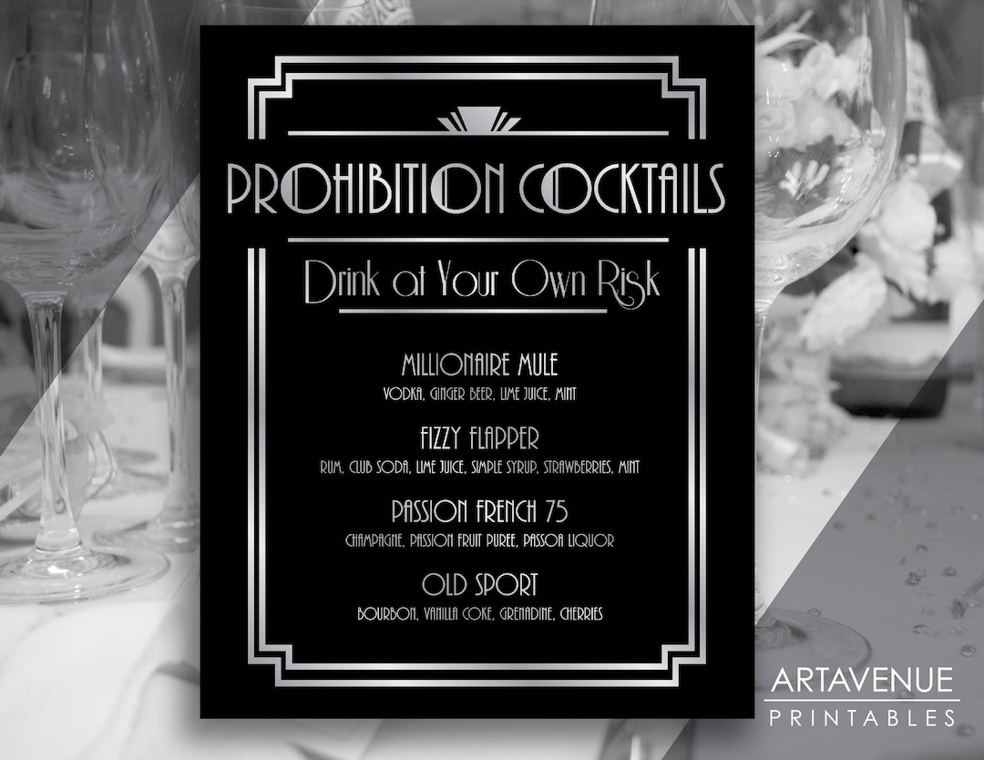 Custom PROHIBITION COCKTAILS Sign Printable | Art Deco Bar Menu ...