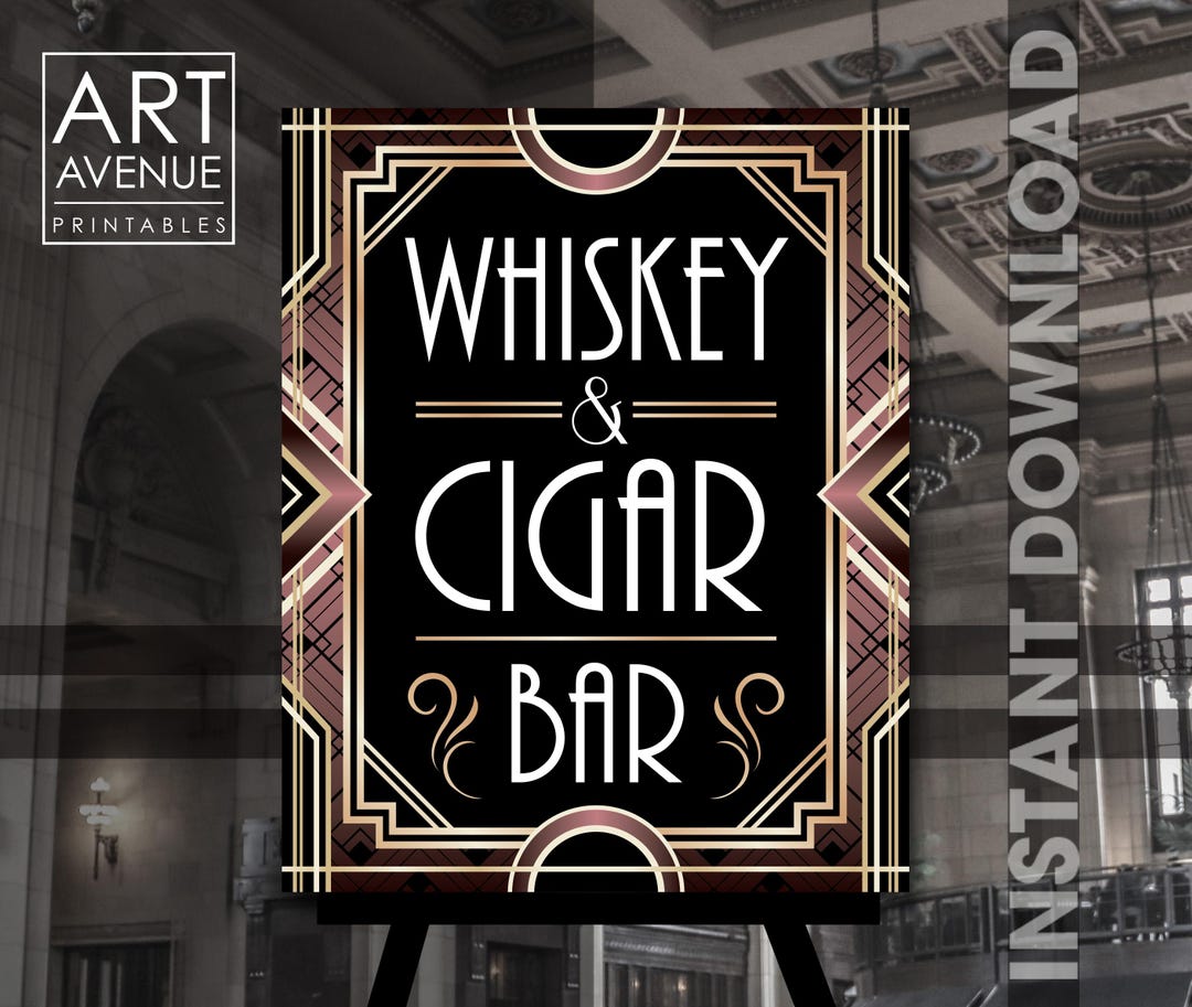 Whiskey and Cigar Bar Sign Printable, Vintage Gold Art Deco Bar ...