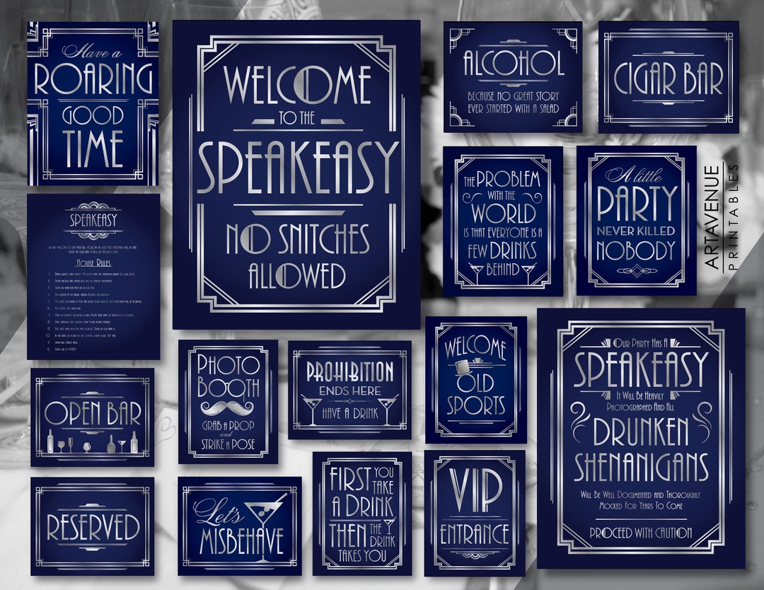 Speakeasy Party Sign Decorations, Navy and Silver Art Deco Sign Bundle ...