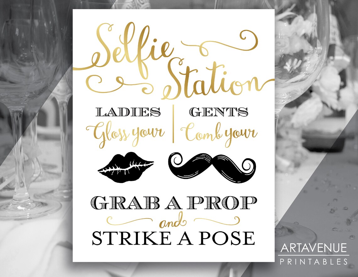 Gold Party Sign Printables SELFIE STATION Grab A Prop and - Etsy