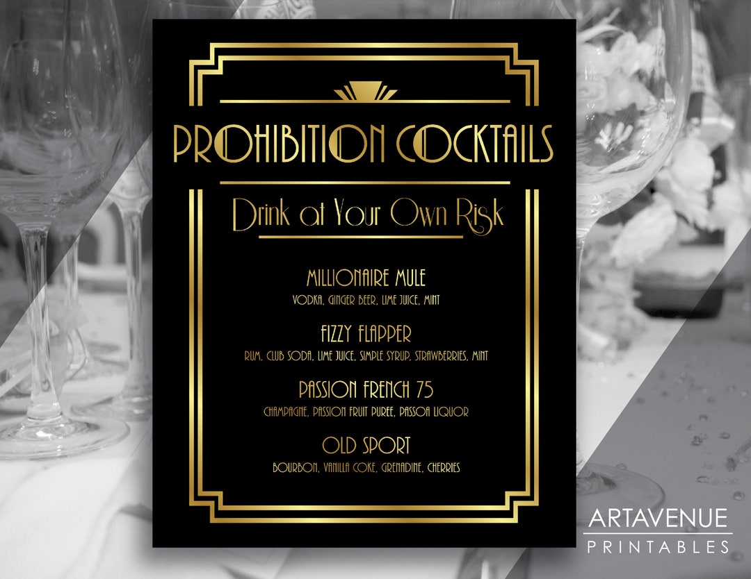 Custom PROHIBITION COCKTAILS Sign Printable Art Deco Bar Menu Downloads ...