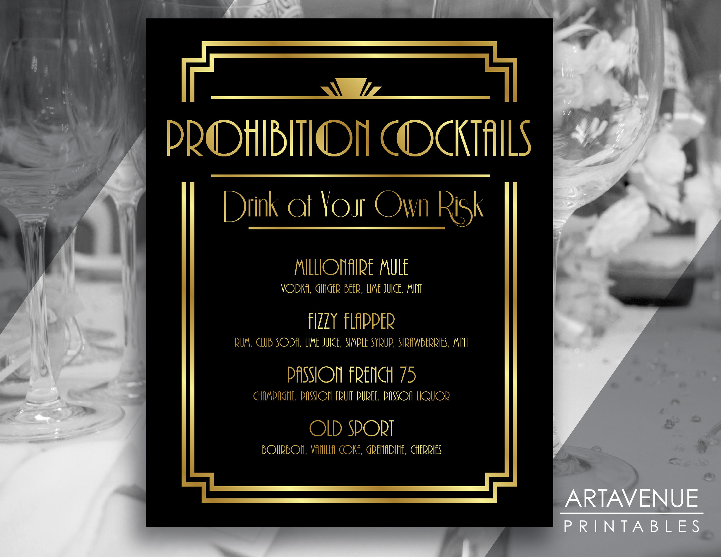 Custom Prohibition Cocktails Bar Menu Printable, Art Deco Bar Menu Sign ...