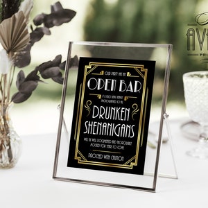 Open Bar Shenanigans Editable Sign Template | Gold Gatsby Sign Templett ...
