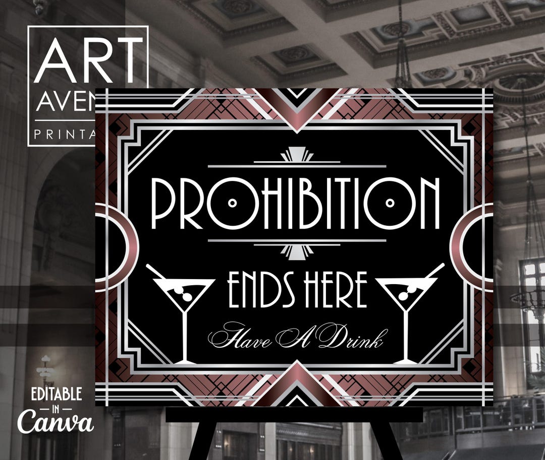Prohibition Ends Here Sign Printable, Silver Red Art Deco Party Bar ...