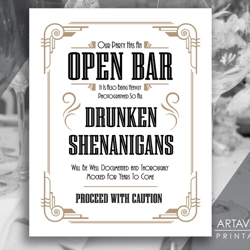 Open Bar Shenanigans Sign JPG SVG Downloads Gatsby Wedding - Etsy