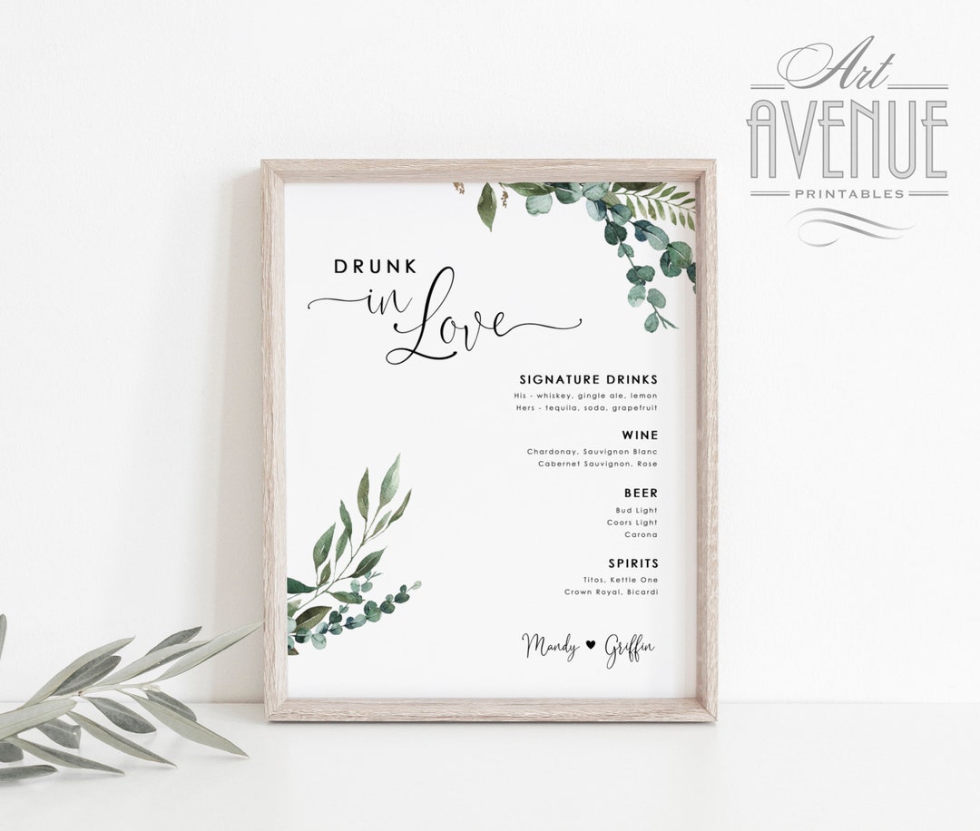Drunk in Love Bar Menu Template | 8x10 Greenery Wedding Bar Menu ...