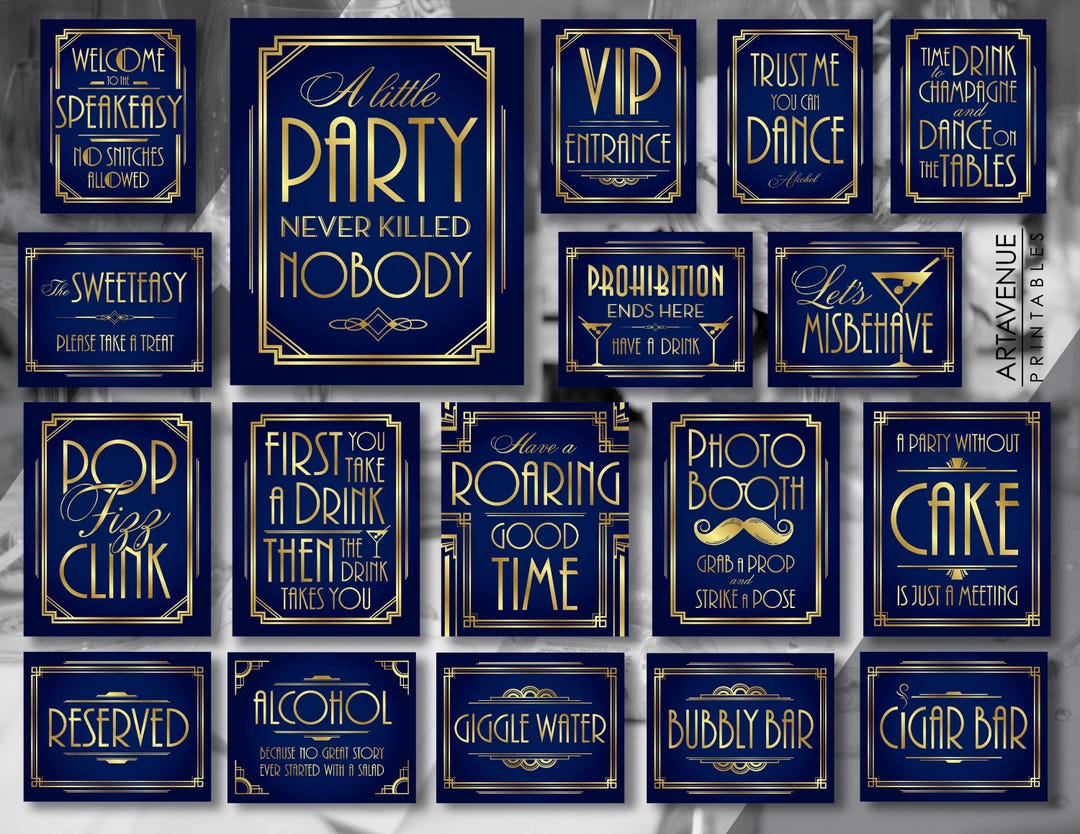 Printable Art Deco Party Signs Download, Navy and Gold Gatsby Party ...