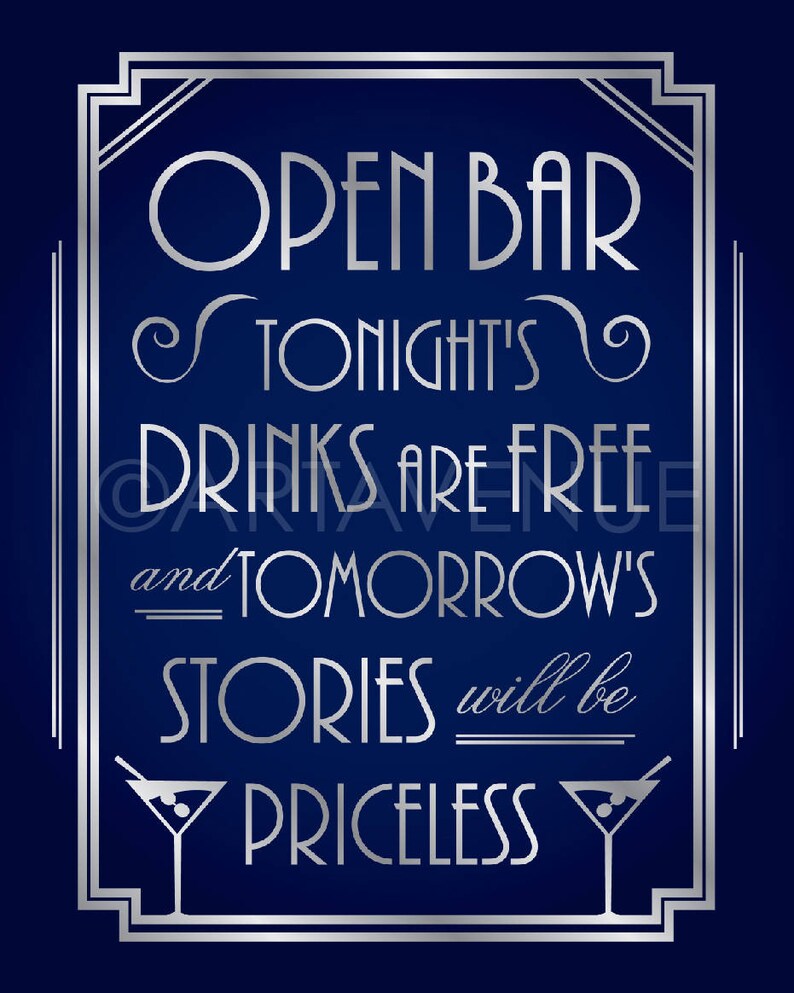 Navy and Silver Art Deco Wedding Sign / OPEN BAR Sign / - Etsy