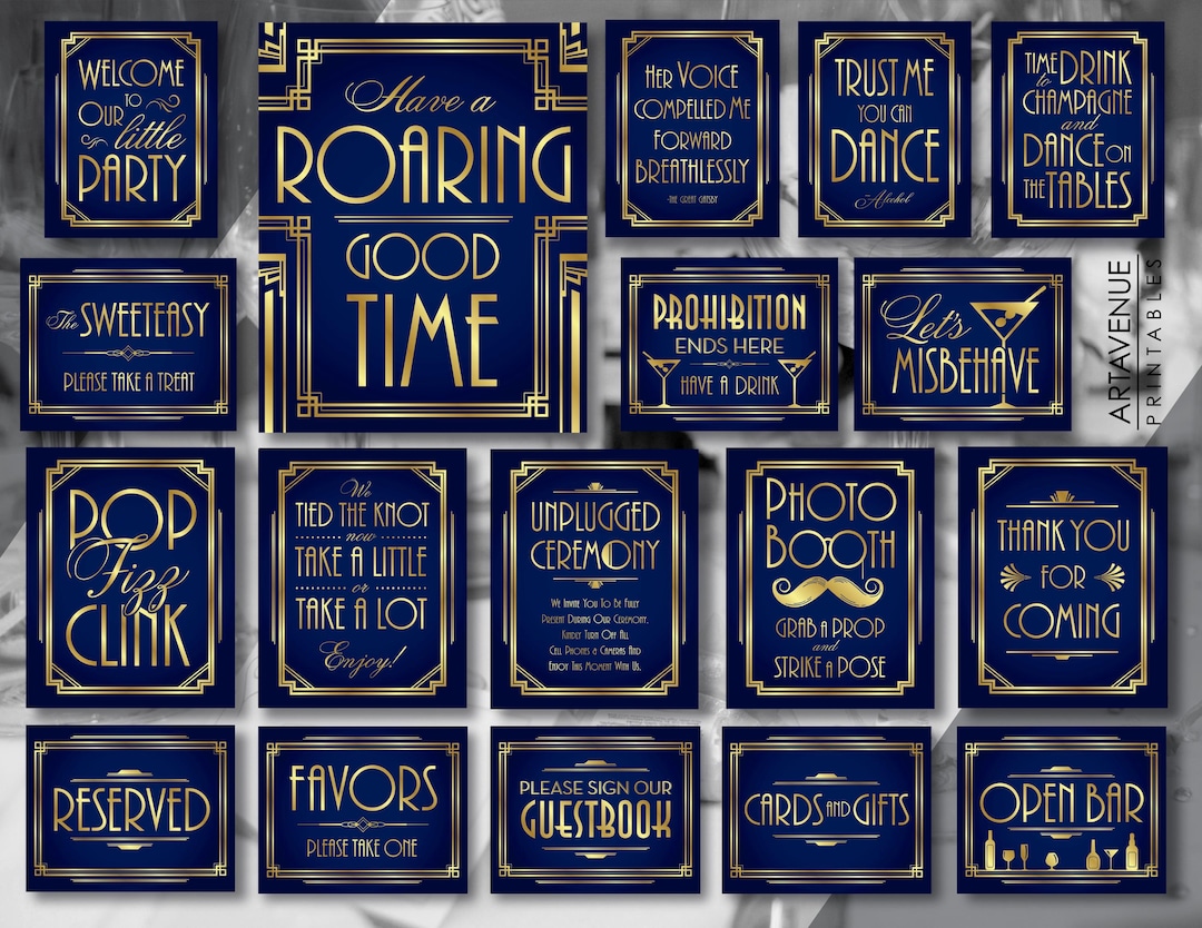 Art Deco Wedding Party Signs, Navy Blue and Gold Art Deco Party Sign ...