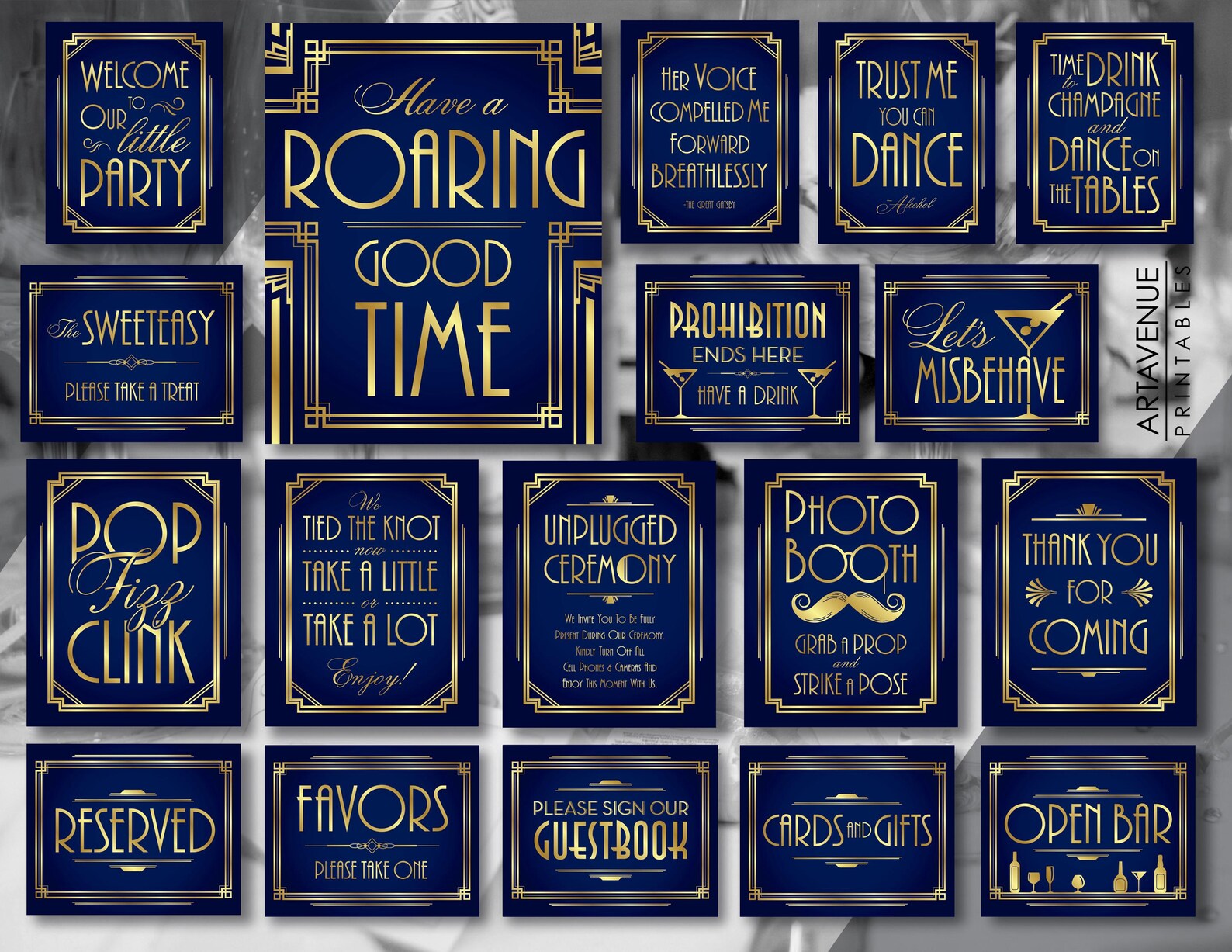 Art Deco Wedding Party Signs, Navy Blue and Gold Art Deco Party Sign ...
