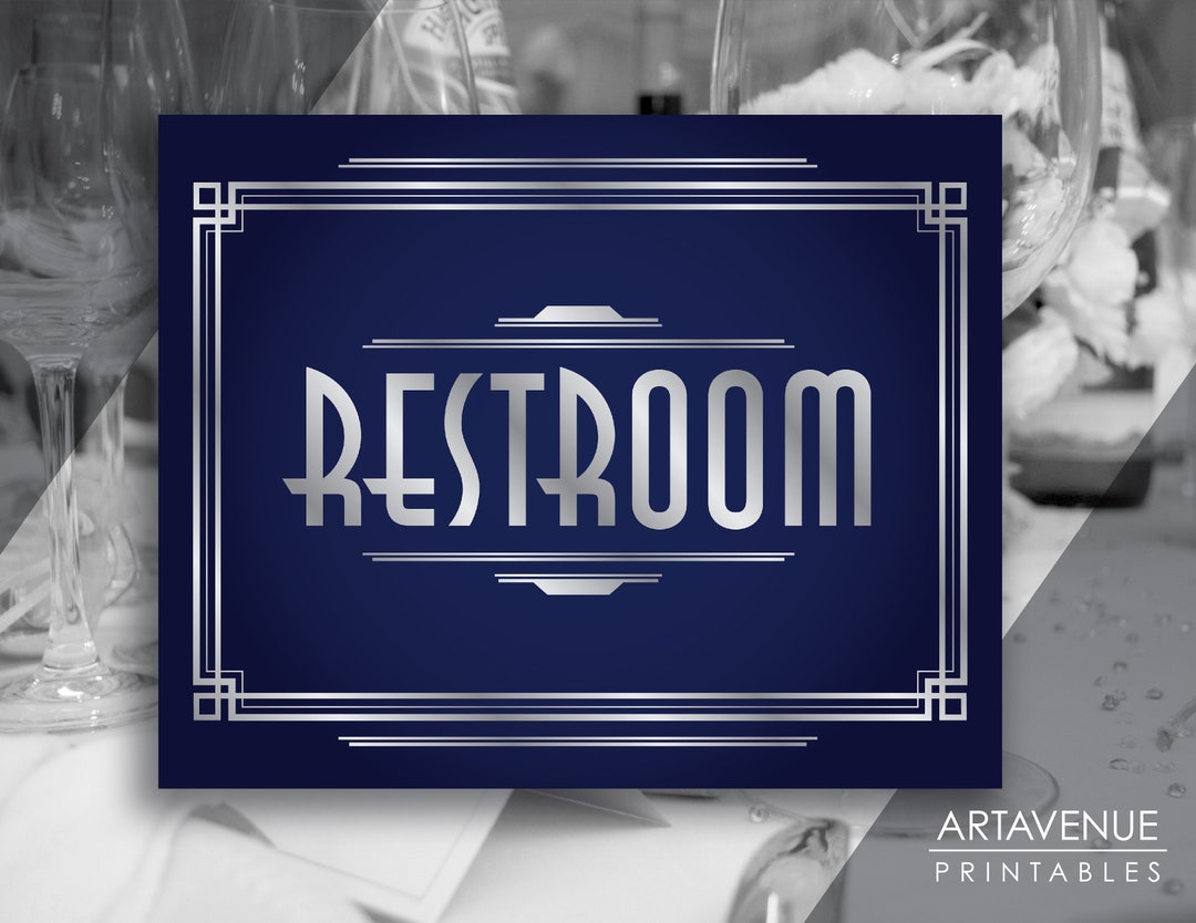 Navy and Silver Art Deco Restroom Printable Sign, Gatsby Wedding ...
