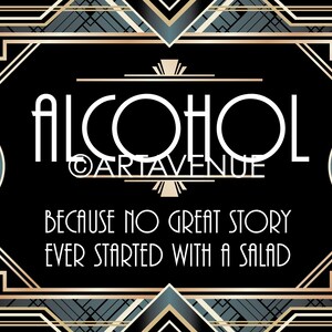 Alcohol Bar Sign Sign Printable, Vintage Gold Blue Art Deco Party ...