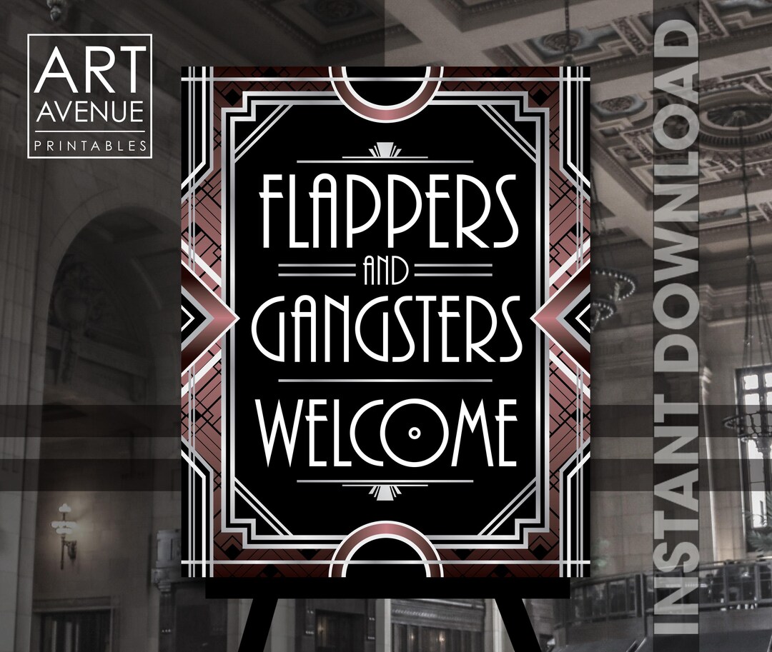 Flappers and Gangsters Welcome Sign Printable, Silver Red Art Deco ...