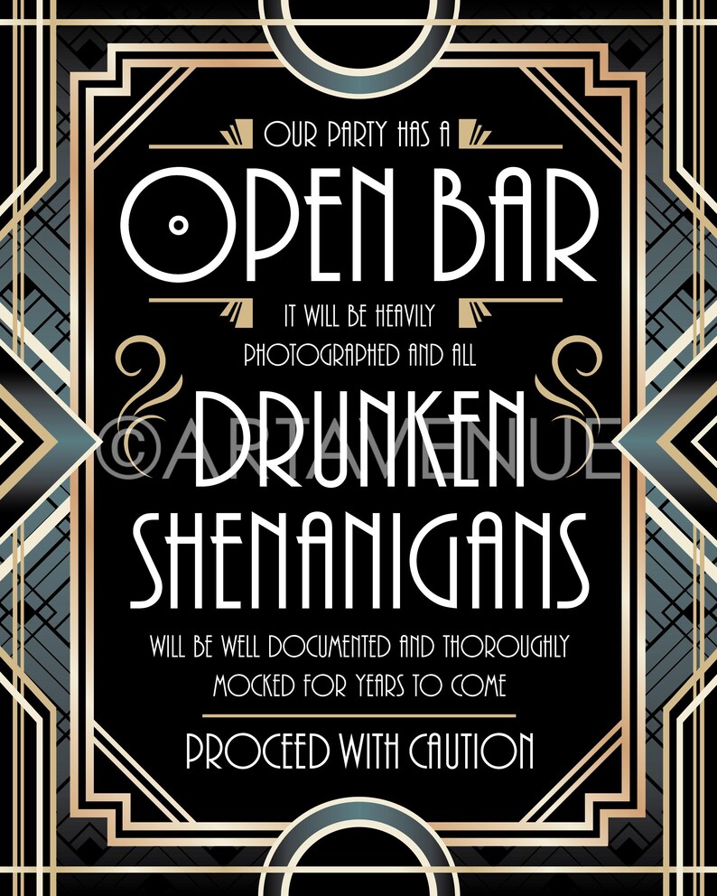 Art Deco Open Bar Sign Printable, No Drunken Shenanigans Party Sign ...