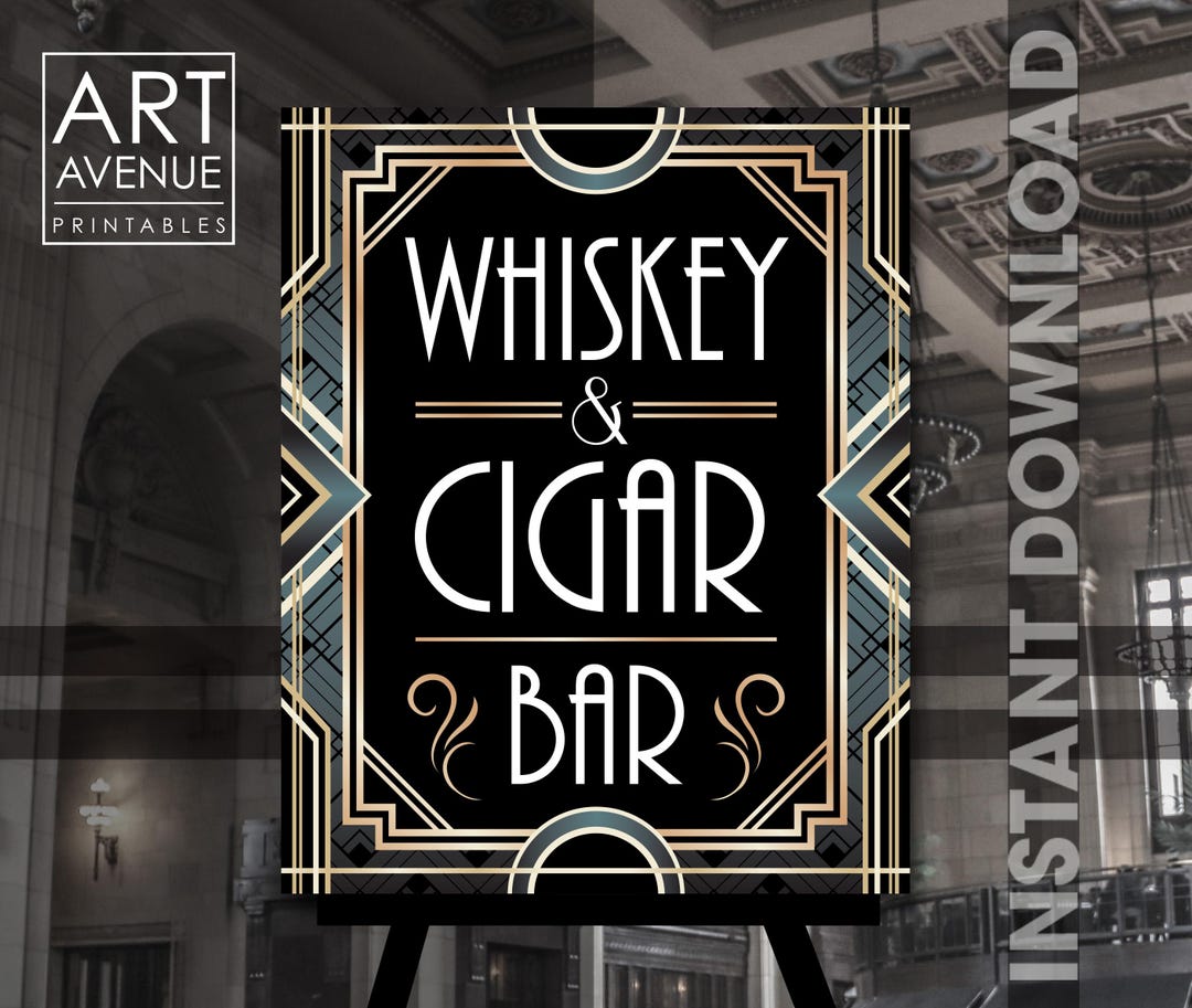 Whiskey and Cigar Bar Sign Printable, Vintage Gold Art Deco Bar ...