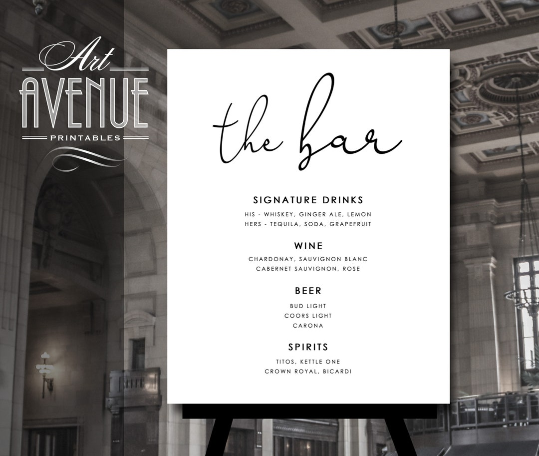 Wedding Reception Bar Menu Template, 8x10 Minimalist Script Wedding ...