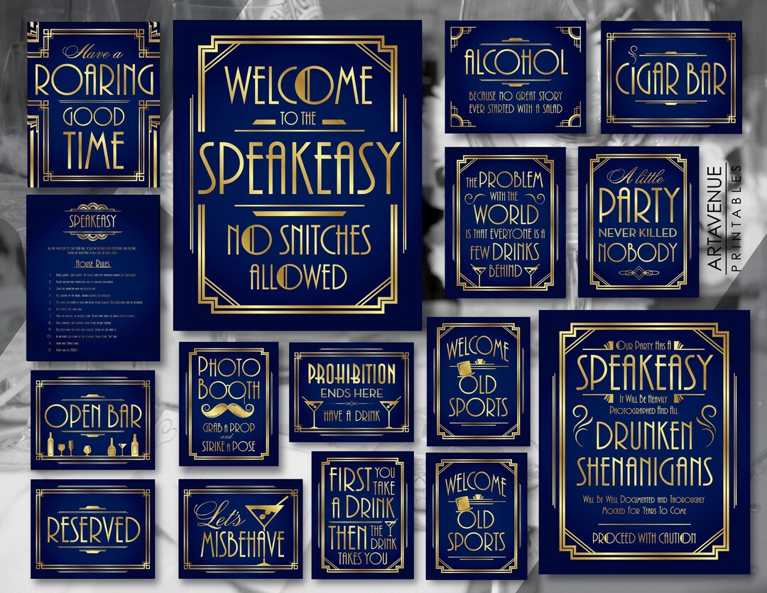 Speakeasy Party Signs, Navy Blue and Gold Art Deco Party Sign Bundle ...