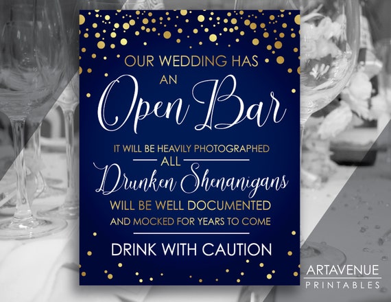 Navy Blue Gold Confetti Open Bar Sign Download Navy Gold | Etsy