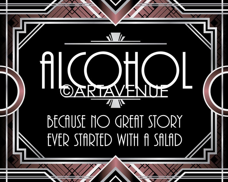 Alcohol Bar Sign Sign Printable, Silver Red Art Deco Party Decorations ...