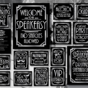 Great Gatsby Speakeasy Party Signs, Silver Art Deco Party Sign Bundle ...