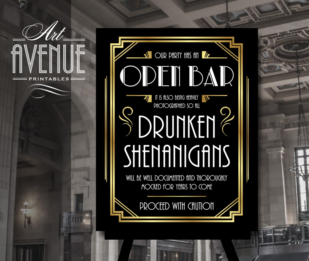 Open Bar Shenanigans Editable Sign Template | Gold Gatsby Sign Templett ...