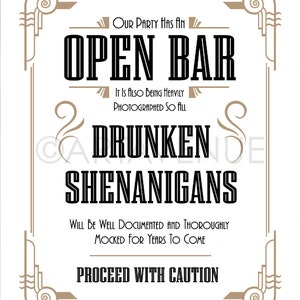 Open Bar Shenanigans Sign JPG SVG Downloads | Gatsby Wedding Party ...
